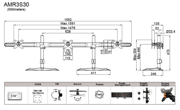 Triple Monitor Mount Stand for 30′′ Displays | Amer Mounts AMR3S30 ...